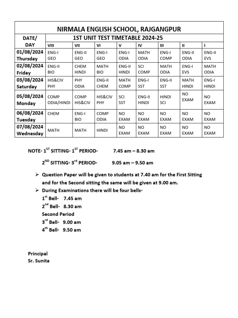 First Unit Test Timetable 2024-25 | PDF First Unit Test Timetable 2024-25 | PDF