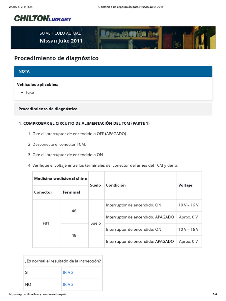 Contenido de Reparación para Nissan Juke 2011 DTC P1701 Procedimiento ...