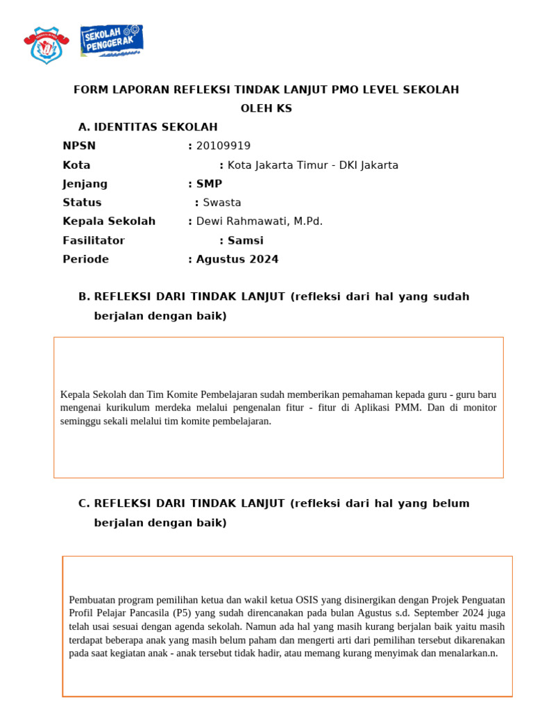 Form Laporan Pmo Level Sekolah Oleh Kepala Sekolah - Agustus 2024 | PDF