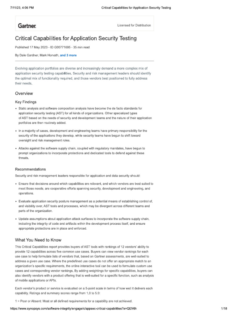 Gartner - Critical Capabilities For App Security Testing | PDF
