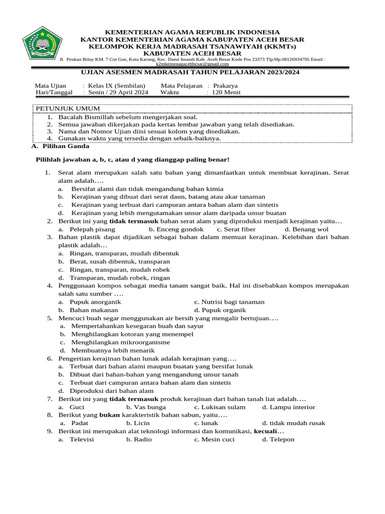 Soal pRAKARYA ASESMEN MADRASAH 2024 | PDF | Sains & Matematika