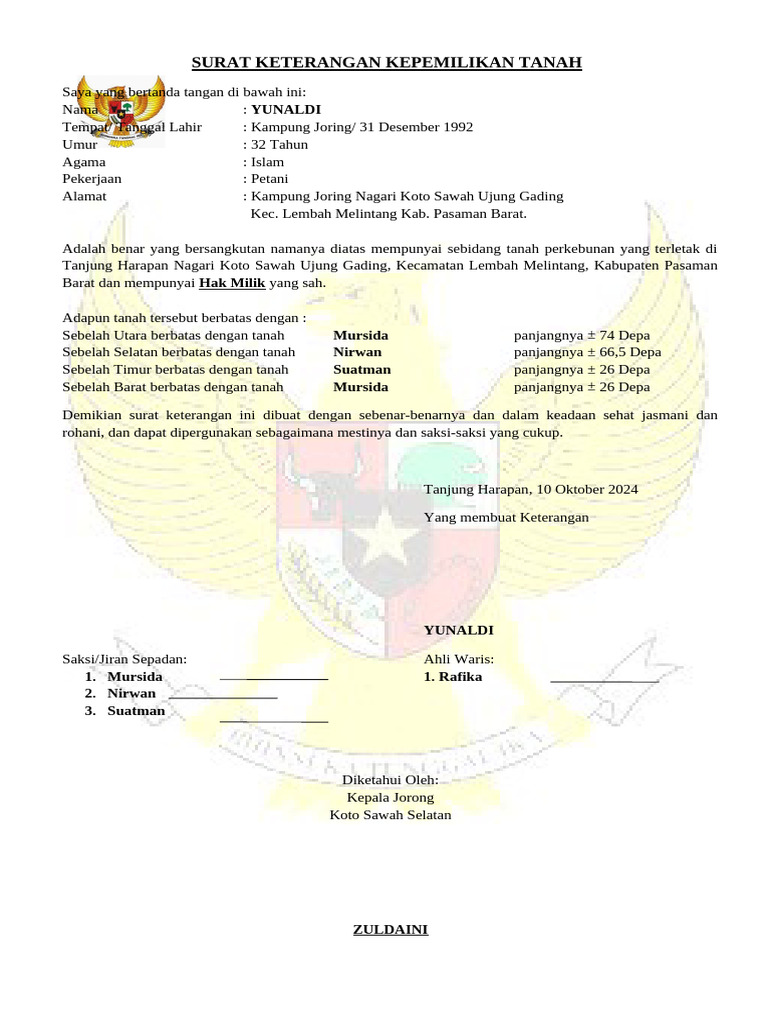 Surat Jual Beli Tanah Perkebunan Rijal | PDF