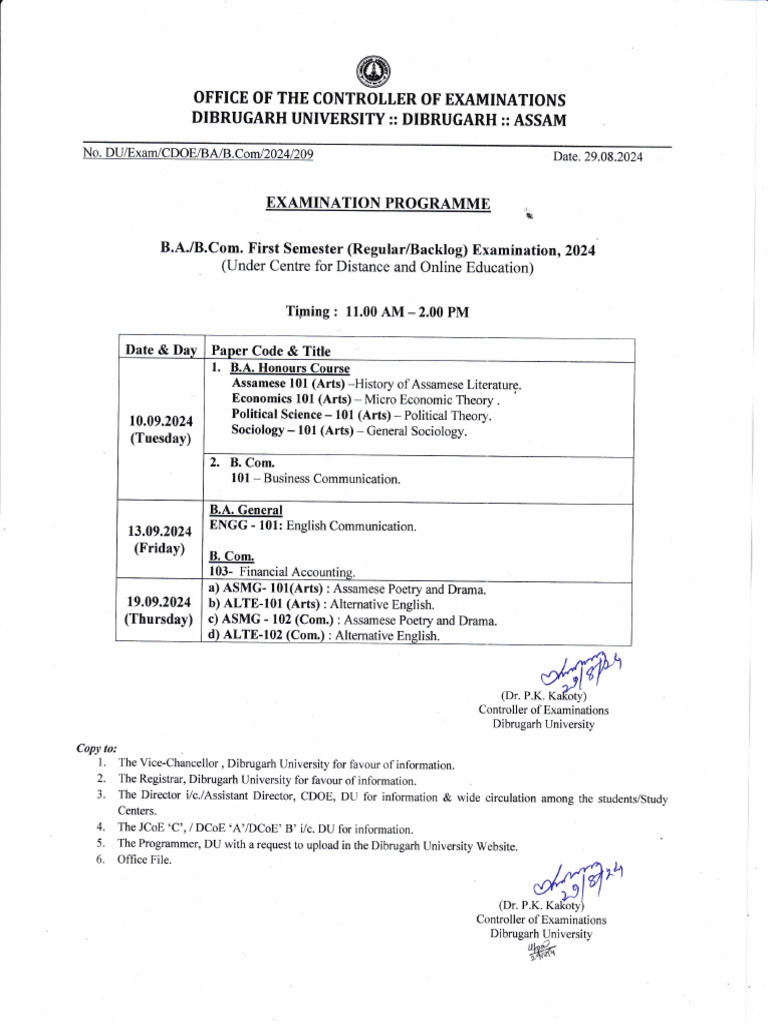 Programme For The BA - B.Com First Semester Regular - Backlog ...
