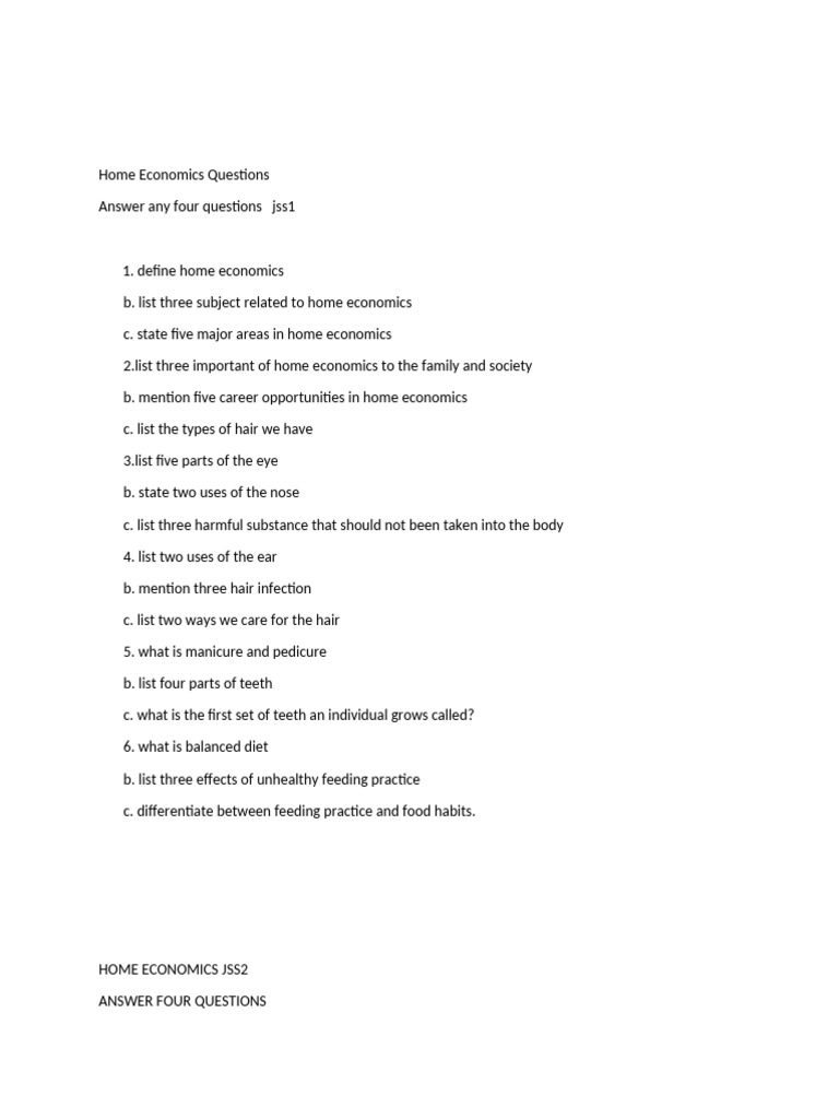 Home Economics Exam Questions for JSS1-3 | PDF | Science & Mathematics ...