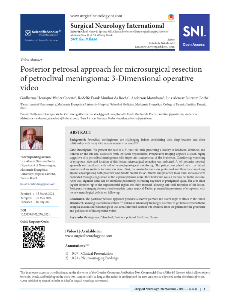 Posterior Petrosal Approach For Microsurgical Resection of Petroclival ...