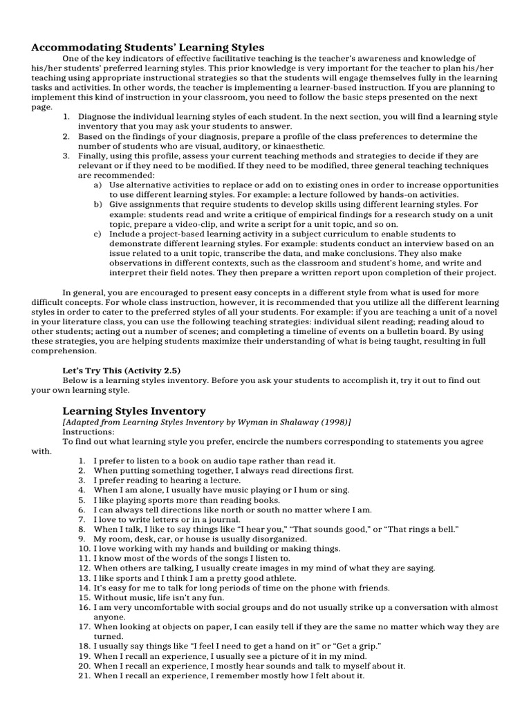 Accomodating Students Learning Styles Pdf Learning Styles Learning