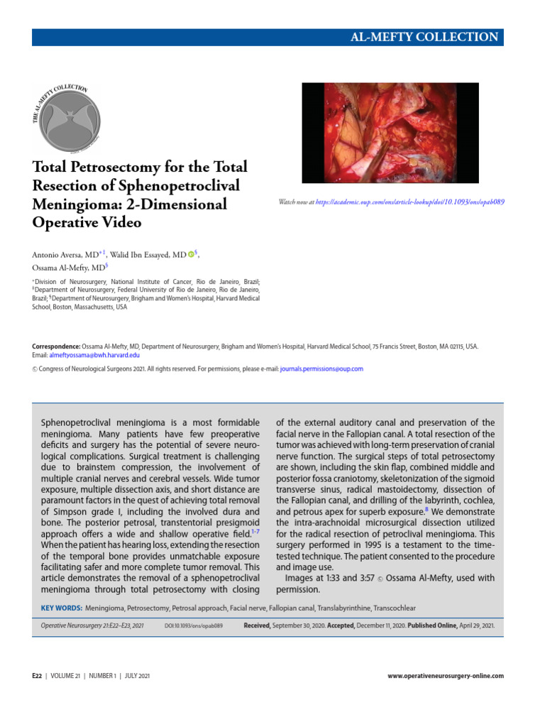 Total Petrosectomy For The Total Resection of Sphenopetroclival ...