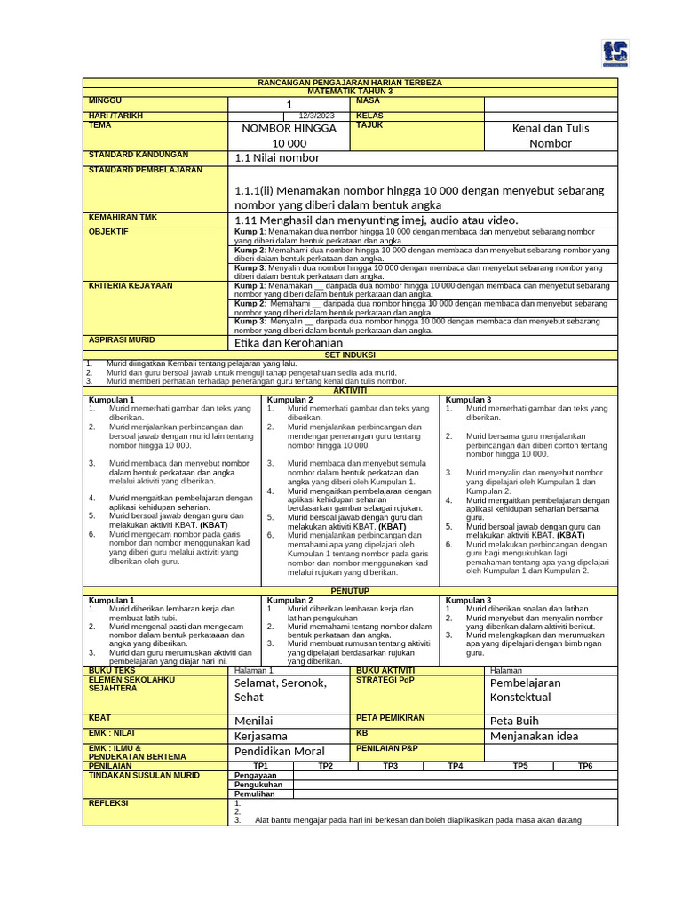 RPH Terbeza Minggu 1 Matematik Tahun 3 | PDF