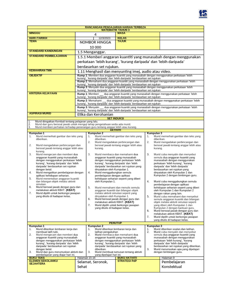 RPH Terbeza Minggu 4 Matematik Tahun 3 | PDF