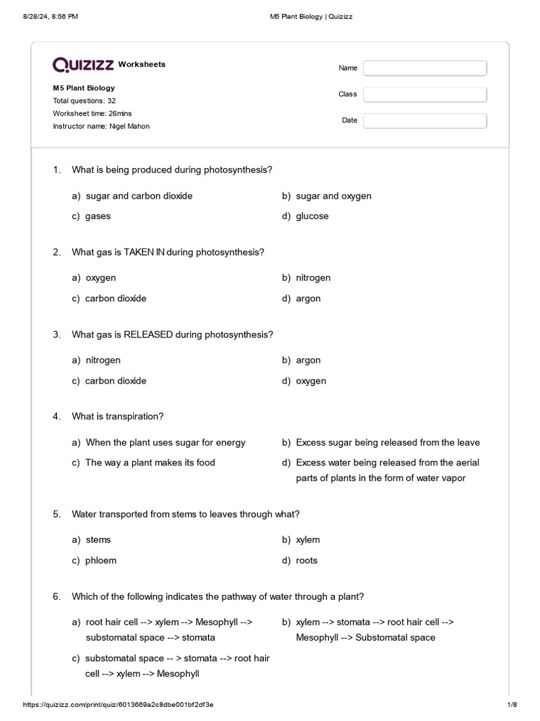 M5 Plant Biology Quiz Questions | PDF | Leaf | Root