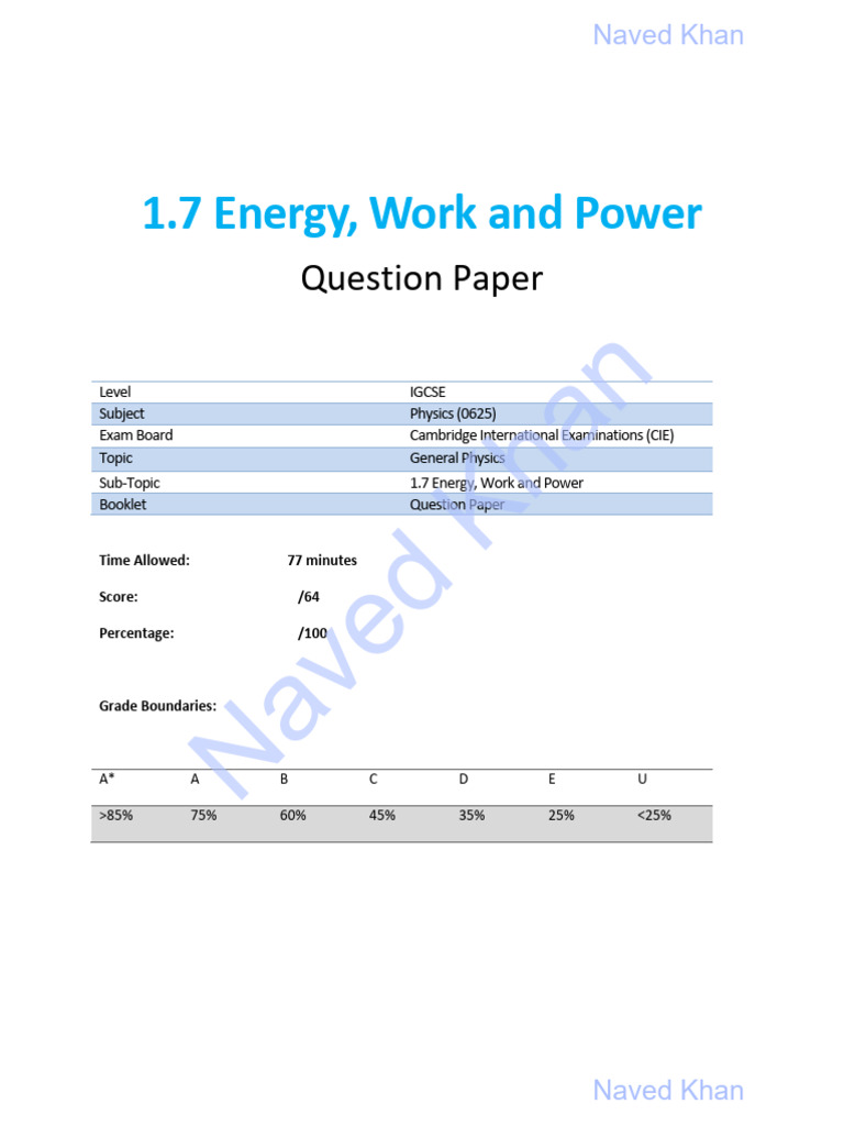 1.7 Energy Work and Pressure Igcse - Cie - Physics | PDF | Tests ...