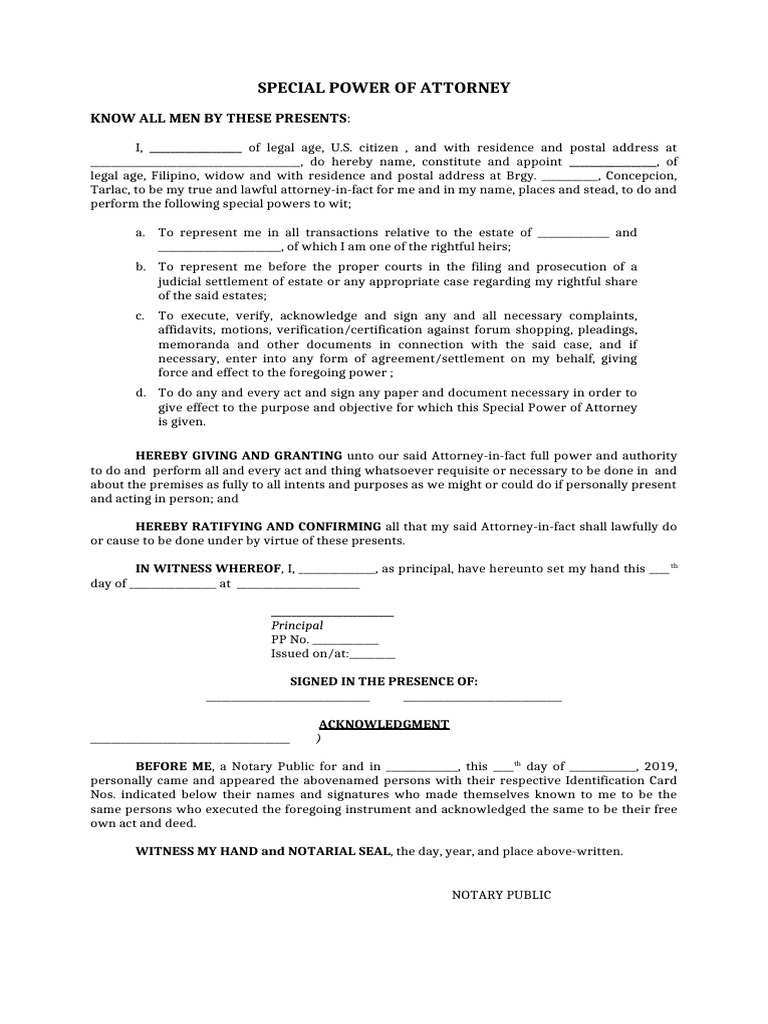 SPA - Sample Double Acknowledgment | PDF | Power Of Attorney | Legal ...