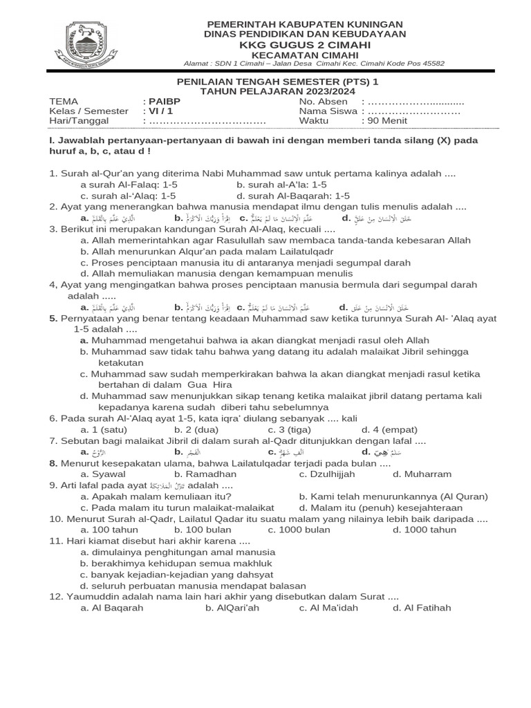 Soal PTS Pai Kelas 6 | PDF