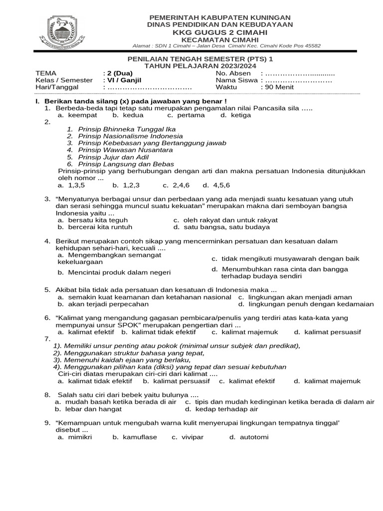 Soal Pts Kelas 6 Tema 2 | PDF