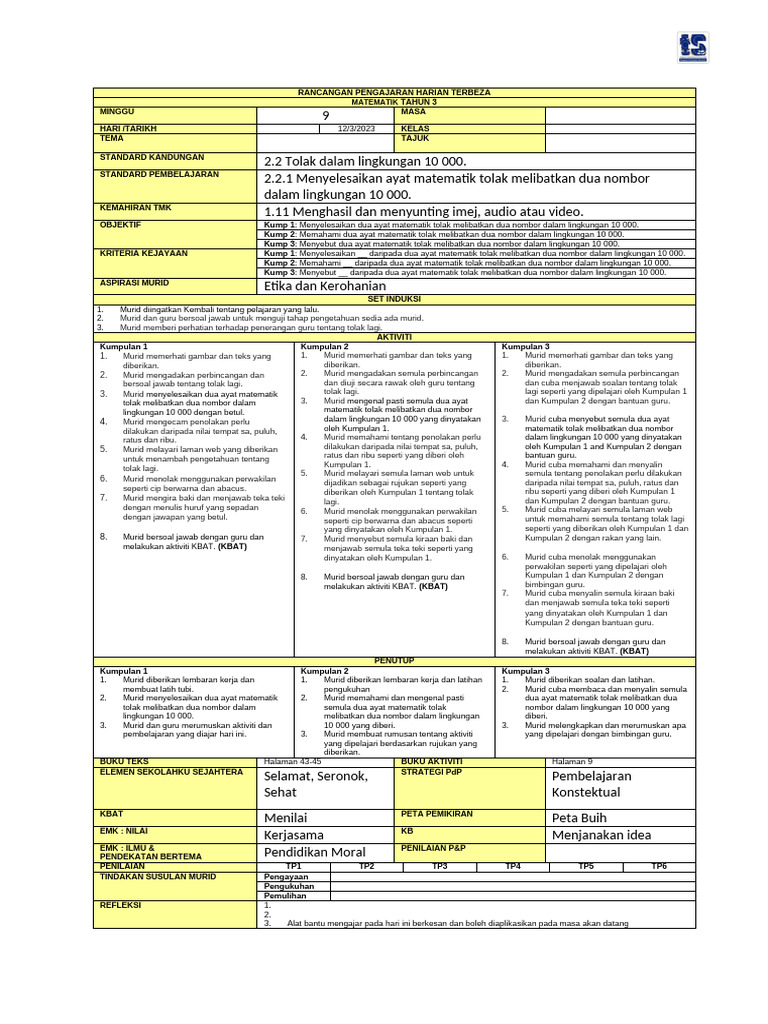 RPH Terbeza Minggu 9 Matematik Tahun 3 | PDF