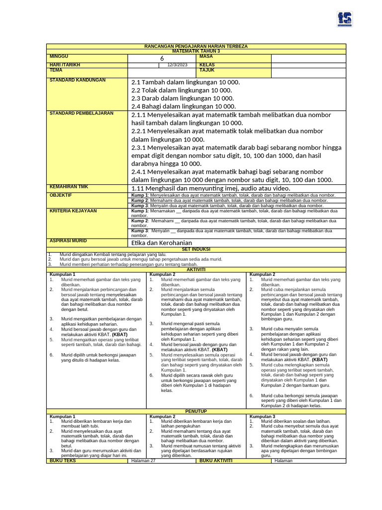 RPH Terbeza Minggu 6 Matematik Tahun 3 | PDF