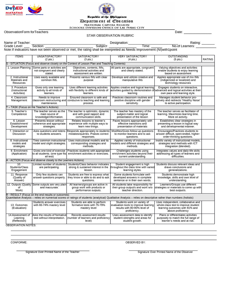 Star Observation Rubric | PDF | Learning | Educational Assessment
