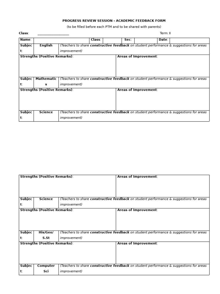 Progress Review Session - Academic Feedback Form 2024-24 | PDF