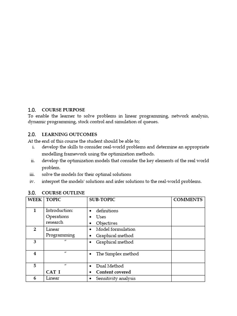 EMT 2420 OR ECE 2311 COURSE OUTLINE Operation Research | PDF | Linear ...