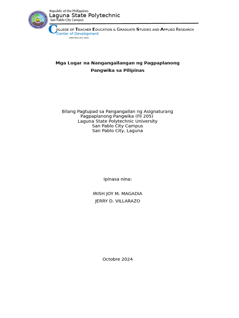 B - Fil 205 - Mga Lugar Na Nangangailang NG Pagpaplanong Pangwika Sa ...