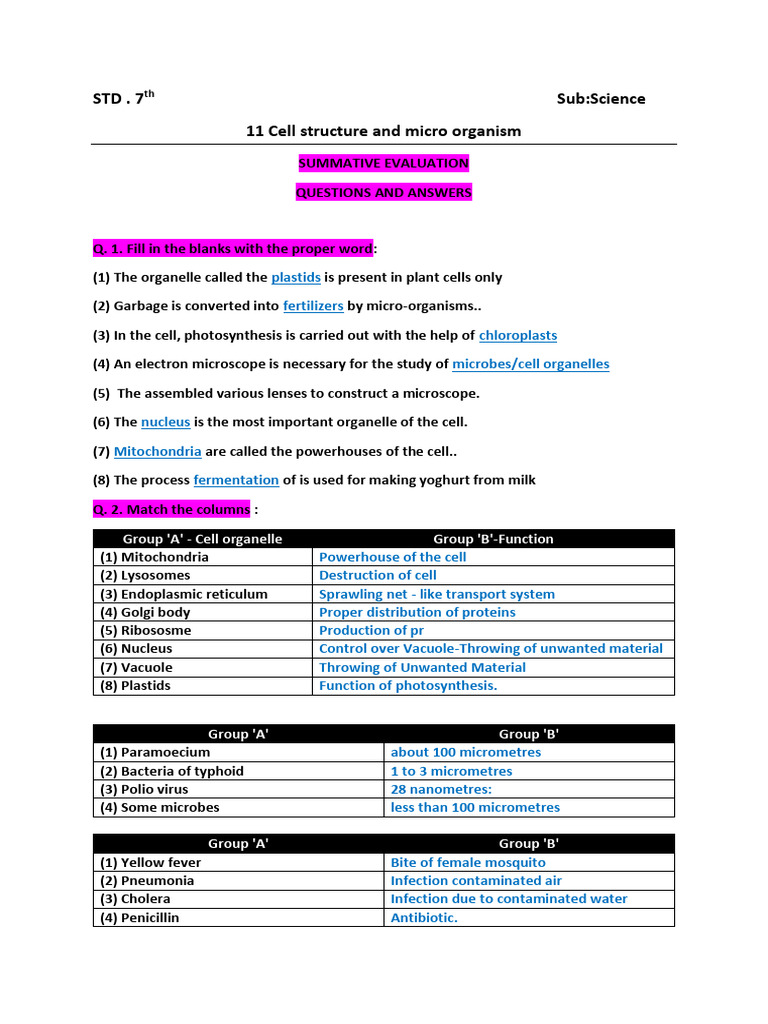 STD - 7 Sub:Science 11 Cell Structure and Micro Organism: Group 'A ...
