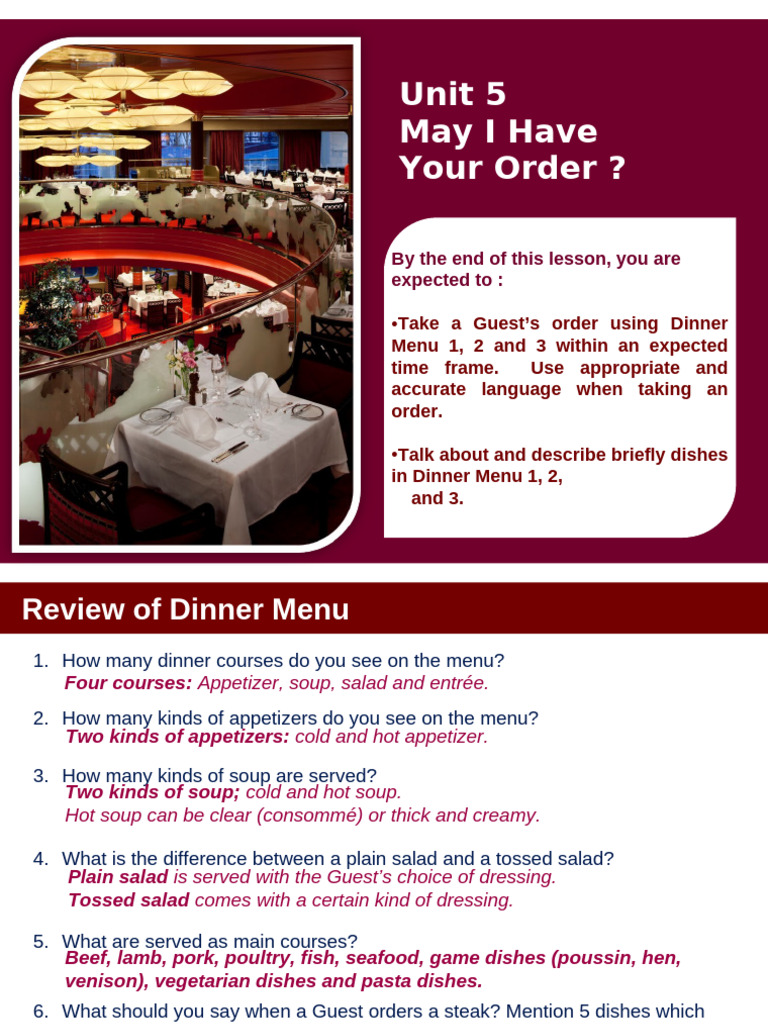 Taking Guest Orders: Dinner Menu Guide | PDF | Steak | Salad
