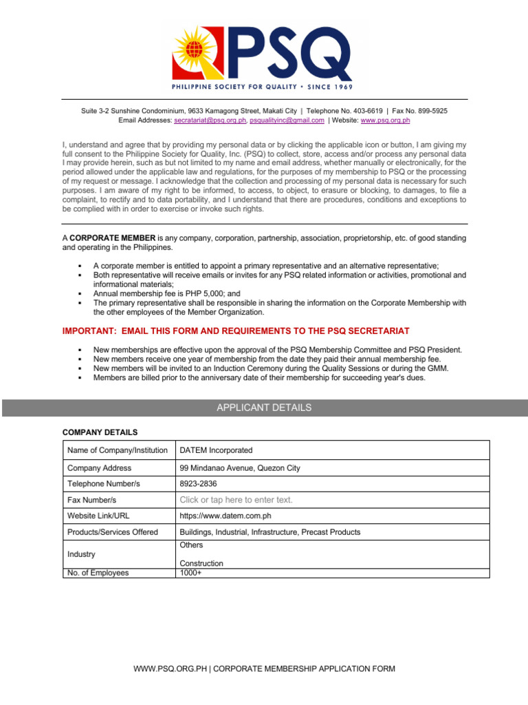 PSQ Corporate Membership Form | PDF | Career & Growth