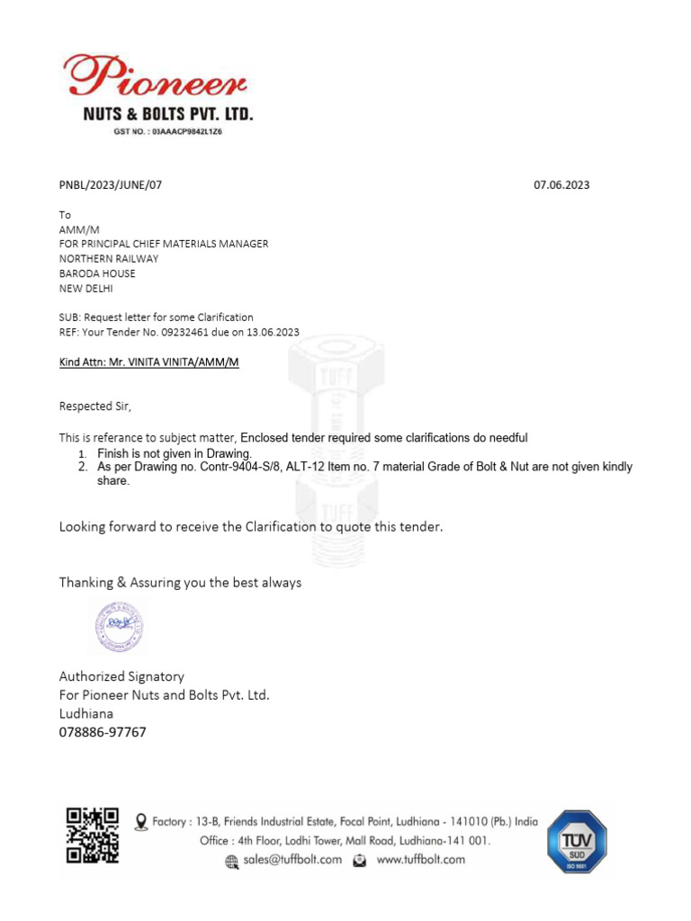 Tender Clarification Request | PDF | Finance & Money Management | Law