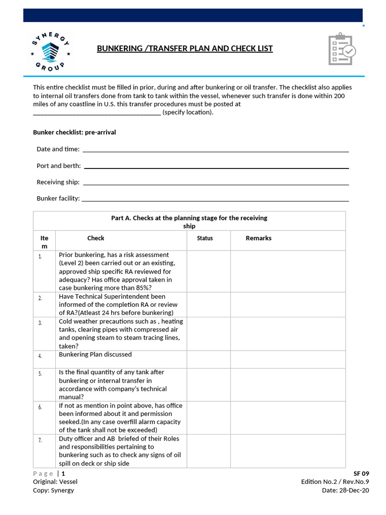 SF-09 Bunker Transfer Plan and Checklist As Per ISGOTT-6 | PDF | Oil Tanker | Ships