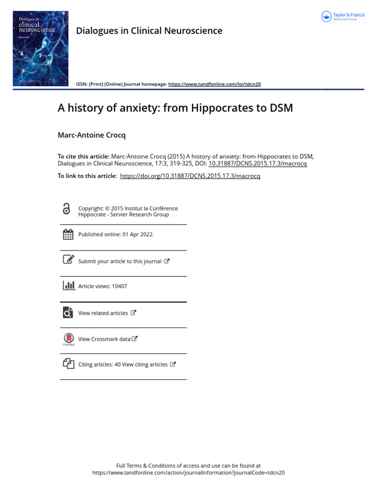 A History of Anxiety From Hippocrates To DSM | PDF | Neurosis | Mental ...