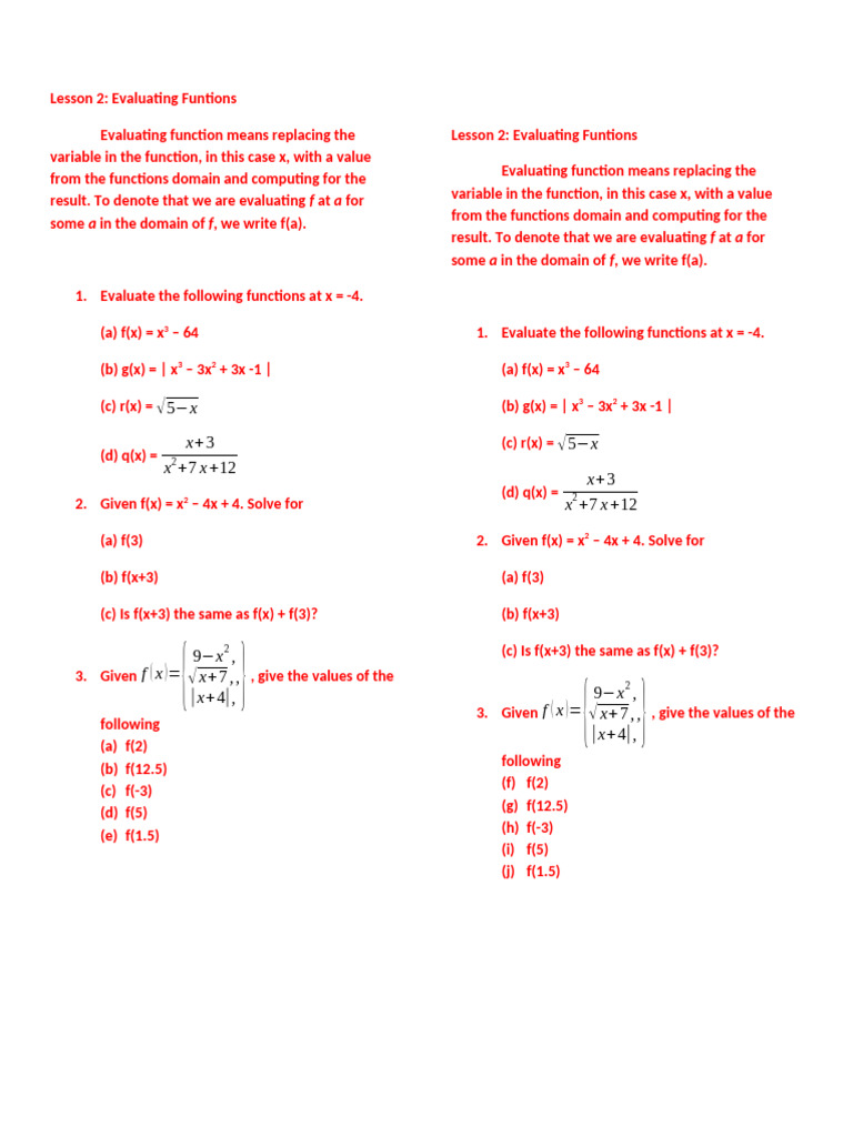 Lesson 2 (Evaluating Functions) | PDF | Function (Mathematics) | Mathematical Concepts