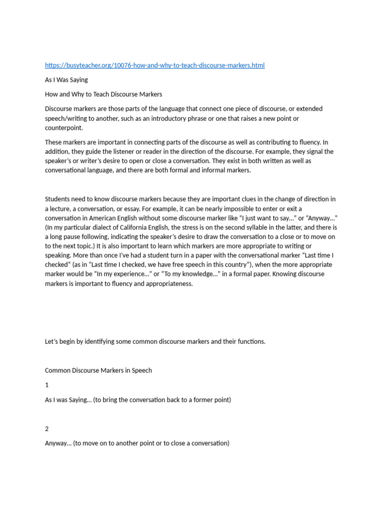 Teaching Discourse Markers | PDF | English Language | Fluency