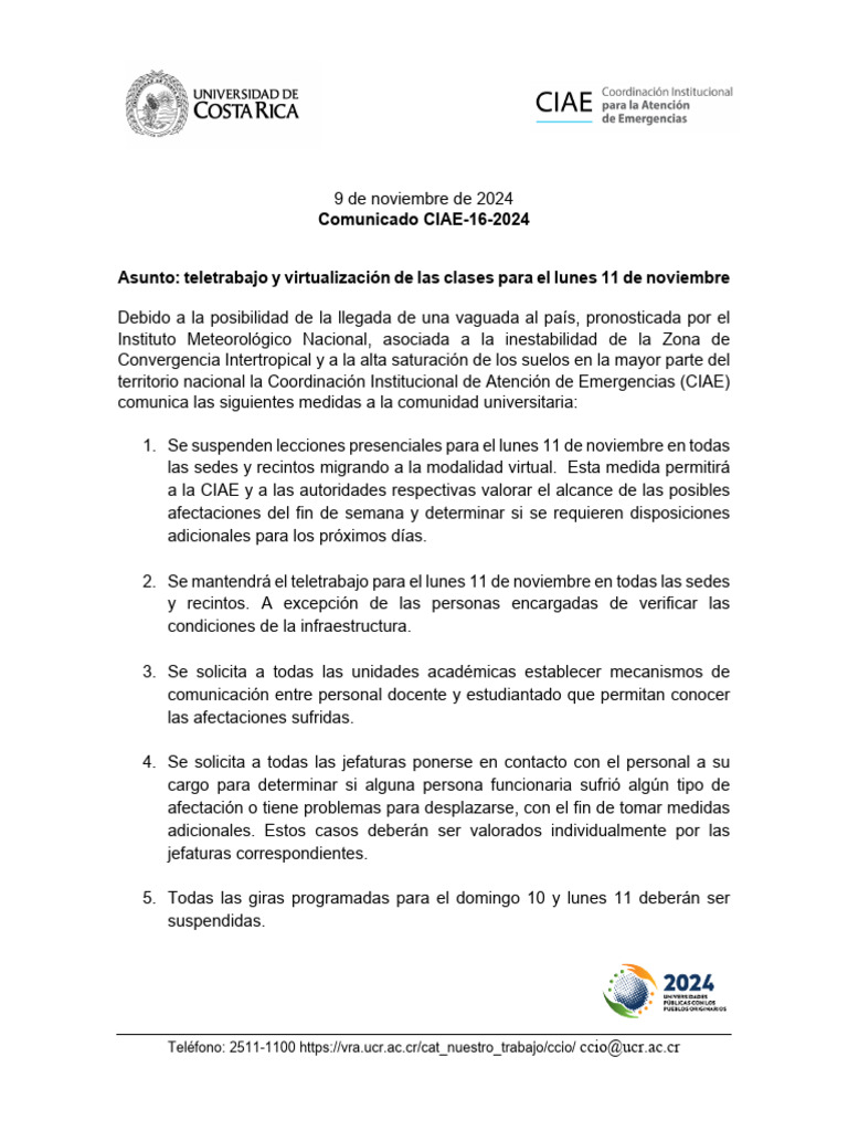 Comunicado CIAE-16-2024 | PDF | Desastres naturales | Peligros Naturales
