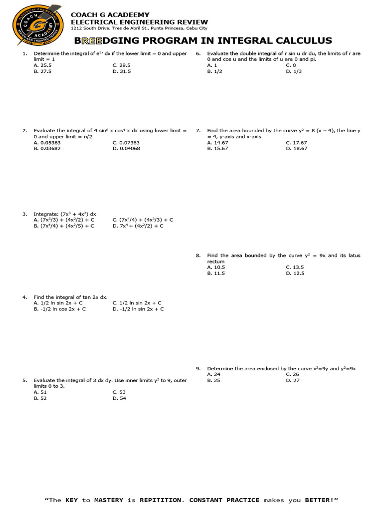 Integral Calculus Practice Problems | PDF | Area | Integral