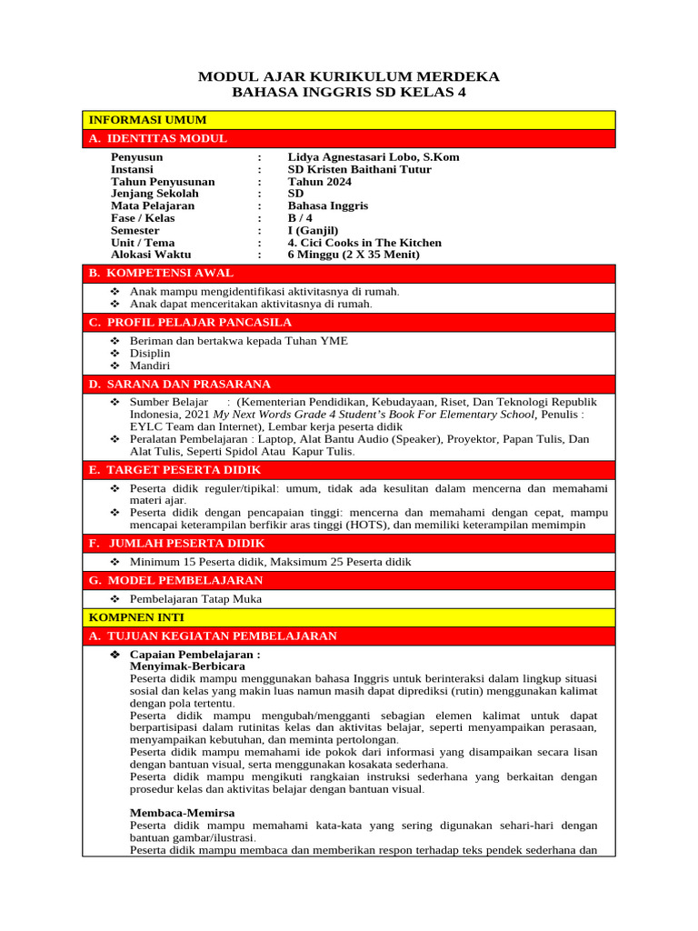 MODUL AJAR Bahasa Inggris (Cici Cooks in The Kitchen-Tugas LKPD) | PDF