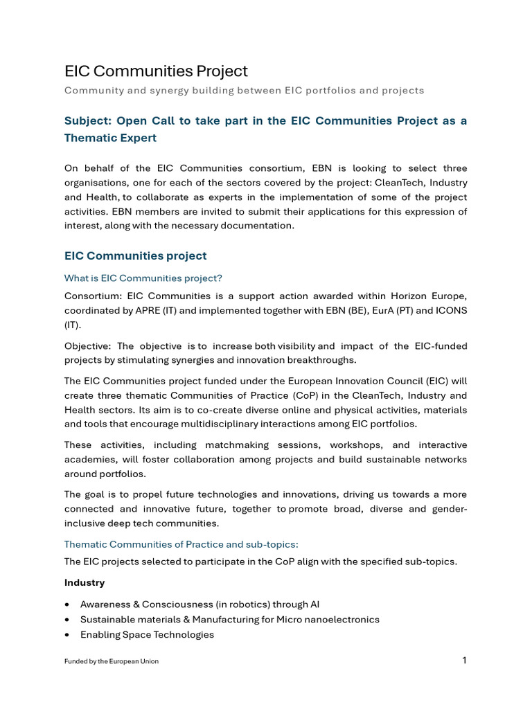 Open Call EIC Thematic Experts | PDF | Clean Technology | Expert