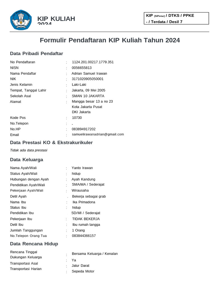 Formulir Peserta KIP Kuliah 2024 | PDF