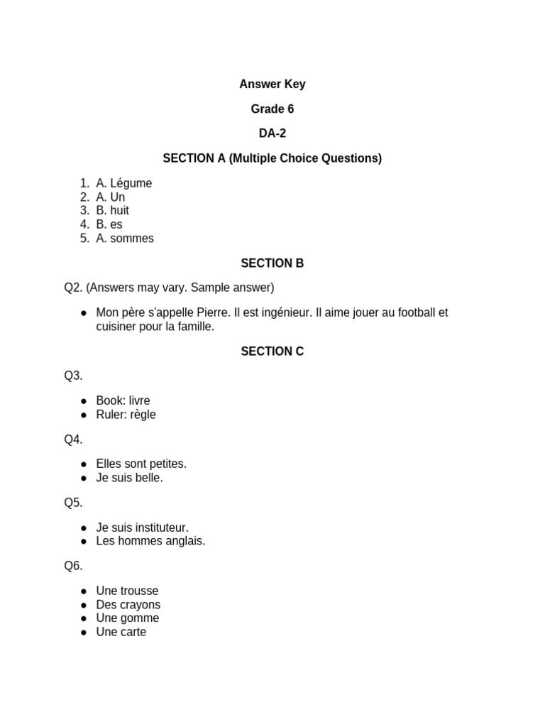 Answer Key Grade 6 French | PDF