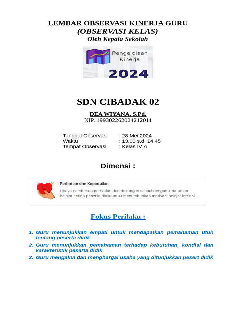 Dea Wiyana - Lembar Observasi Kinerja Guru Oleh KS | PDF