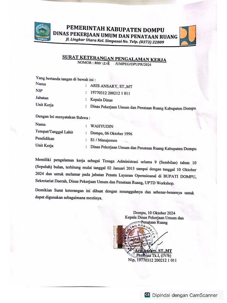 Wahyu Surat Pengalaman Kerja | PDF
