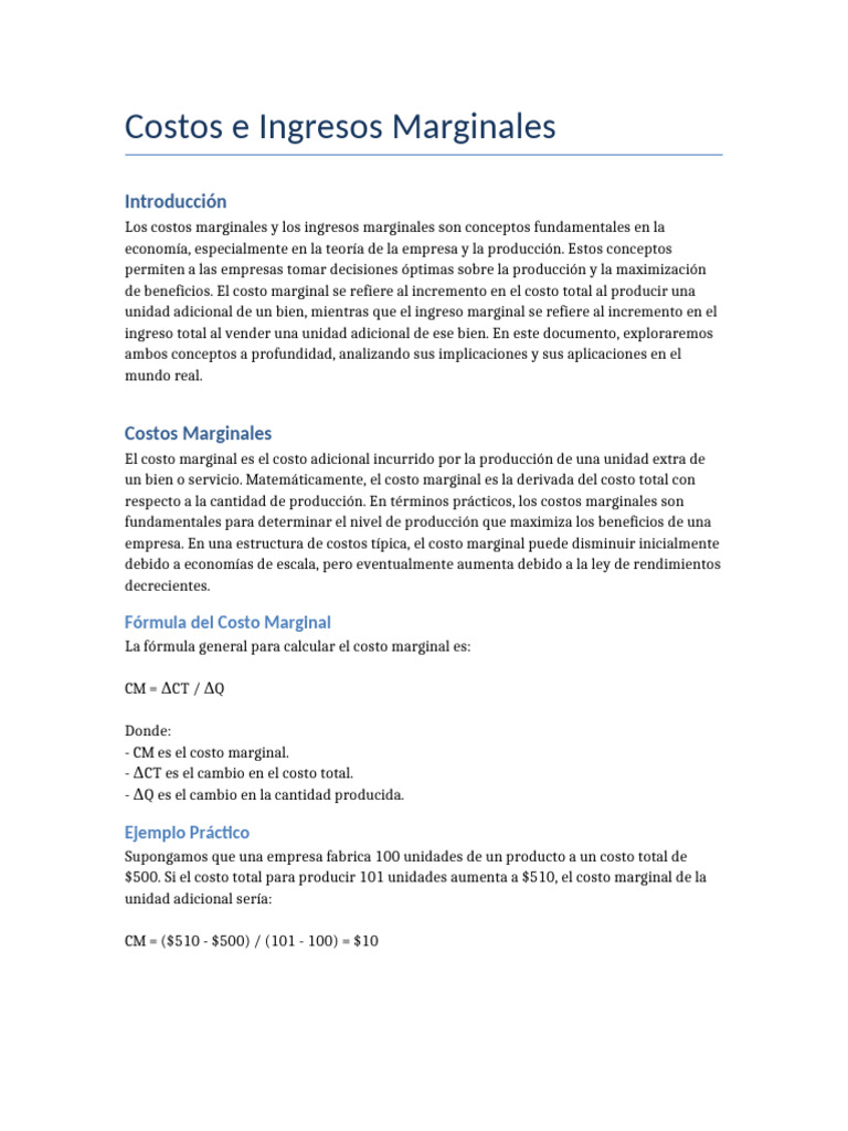 Costos e Ingresos Marginales | PDF | Costo marginal | Mercado (economía)