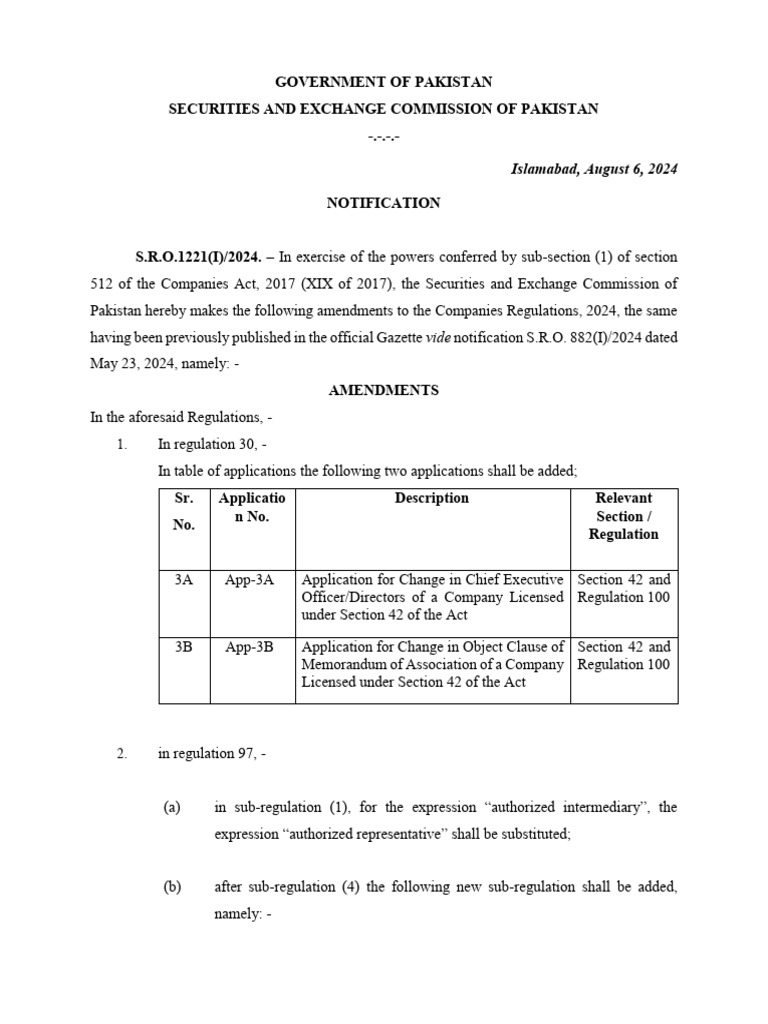 2024-SRO 1221 (I) 2024 - Amendments in Companies Regulation, 2024 | PDF | Identity Document ...