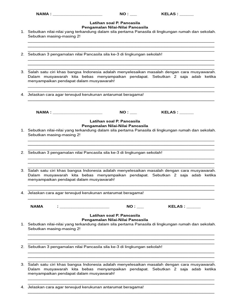 Soal Esay Pancasila Pengamalan Pancasila Kelas 4 | PDF | Seni & Disiplin Bahasa | Pengembangan Diri