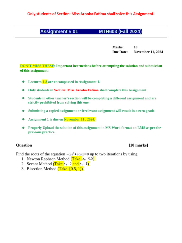 MTH603 - Assignment 1 - Fall 2024 - Arooba Fatima | PDF
