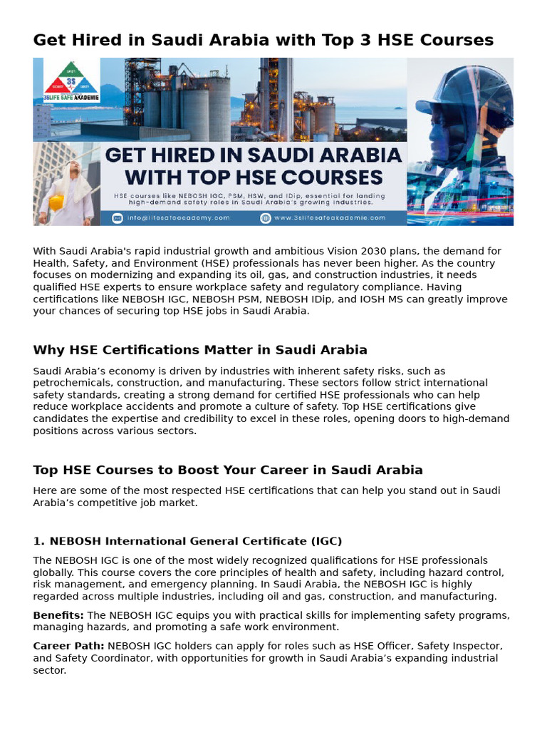 Get Hired in Saudi Arabia With Top HSE Courses | PDF | Occupational ...