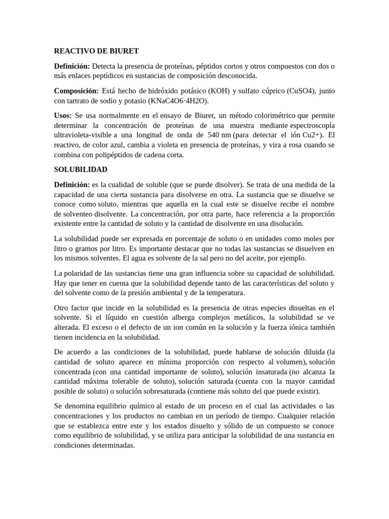 Reactivo de Biuret Paula | PDF | Solubilidad | Concentración