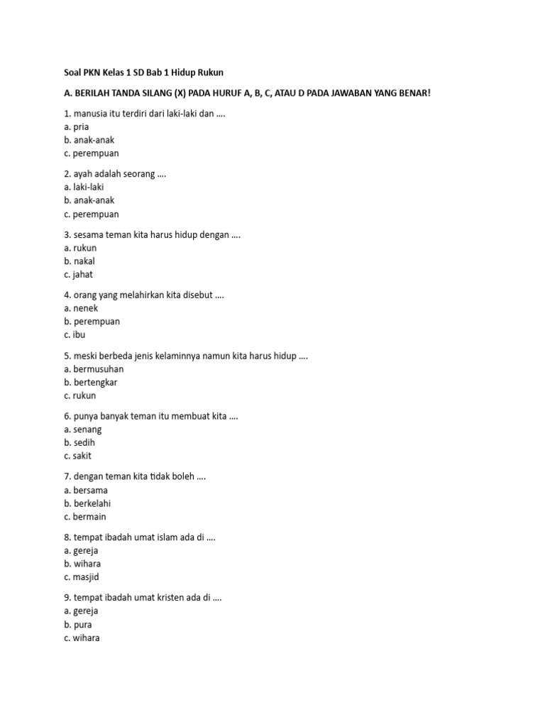 Soal PKN Kelas 1 SD | PDF