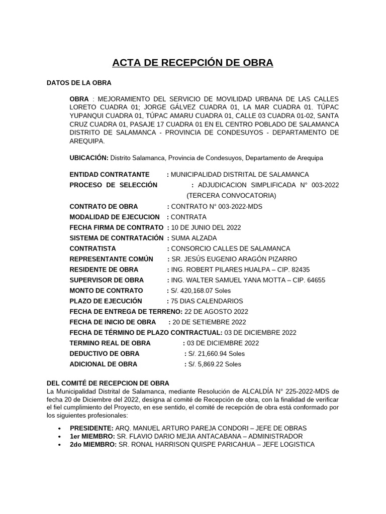 Acta de Recepcion de Obra | PDF