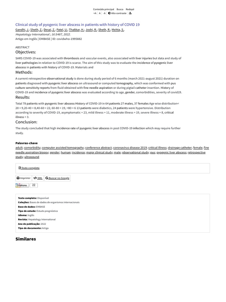 Clinical Study of Pyogenic Liver Abscess in Patients With History of COVID 19 - Hepatology ...