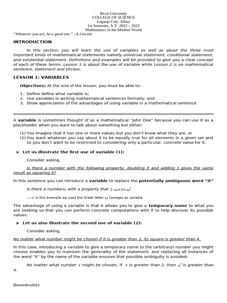 SLM1. Speaking Mathematically | PDF | Numbers | Variable (Mathematics)